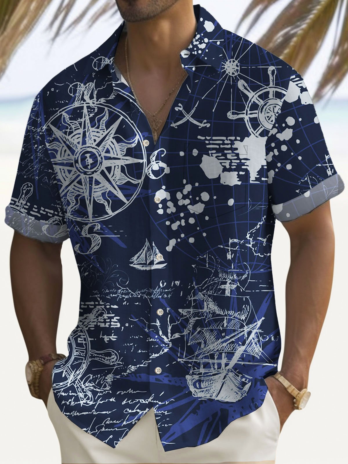Royaura Vintage Nautical Map Men's Hawaiian Shirts Casual Stretch Big ...