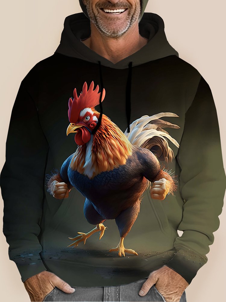 Men's Vintage Gradient Muscle Rooster Graphic Printing Casual Hoodie ...