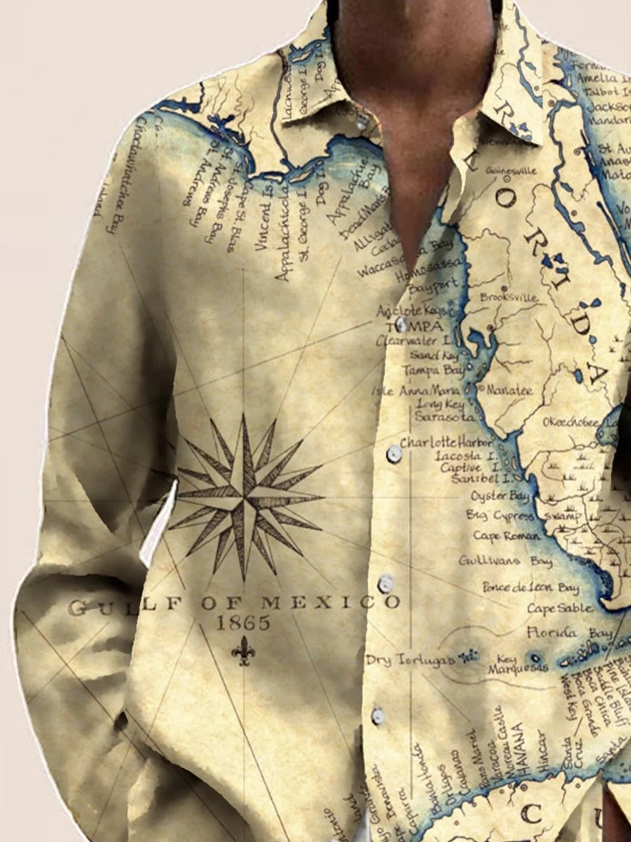 Royaura 50's Vintage Nautical Map Men's Long Sleeve Shirts Stretch ...