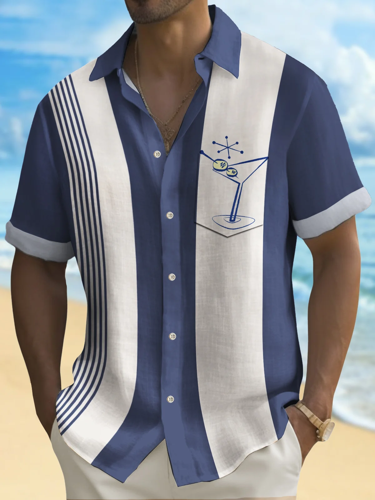 Royaura® Vintage Bowling Glass Print Chest Pocket Shirt Plus Size Men's ...