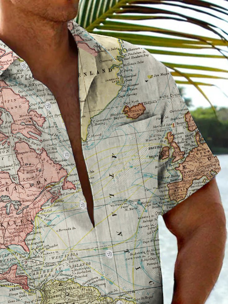 Royaura® Vintage Series World Map Printed Chest Pocket Shirt Large Size ...