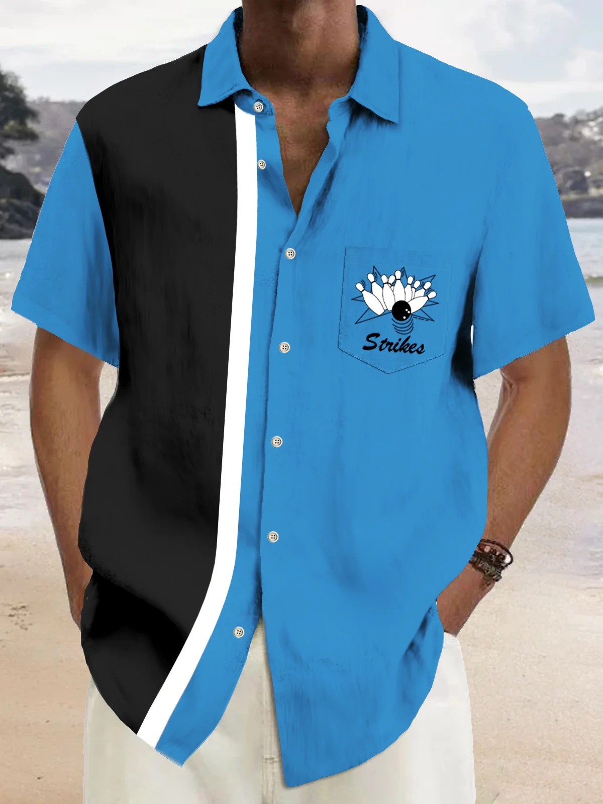 Royaura® Vintage Bowling The Lucky Strikes Print Chest Pocket Shirt ...