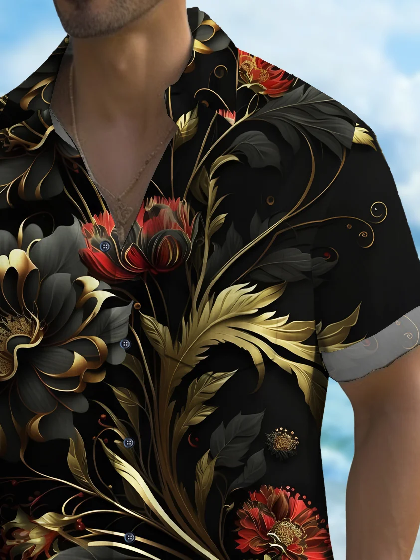 Royaura® Vintage Hawaiian Gilt Art Floral Print Men's Button Pocket ...