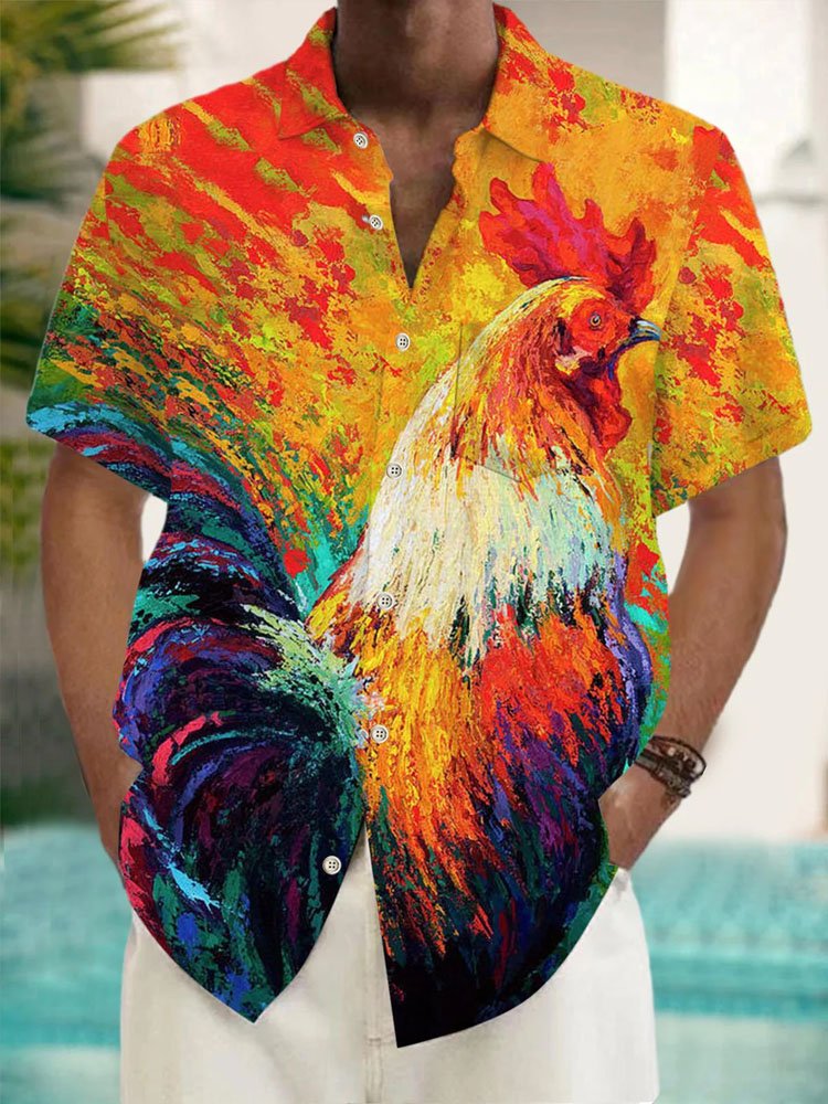Royaura® Retro Ombre Rooster Print Men's Button Pocket Short Sleeve ...
