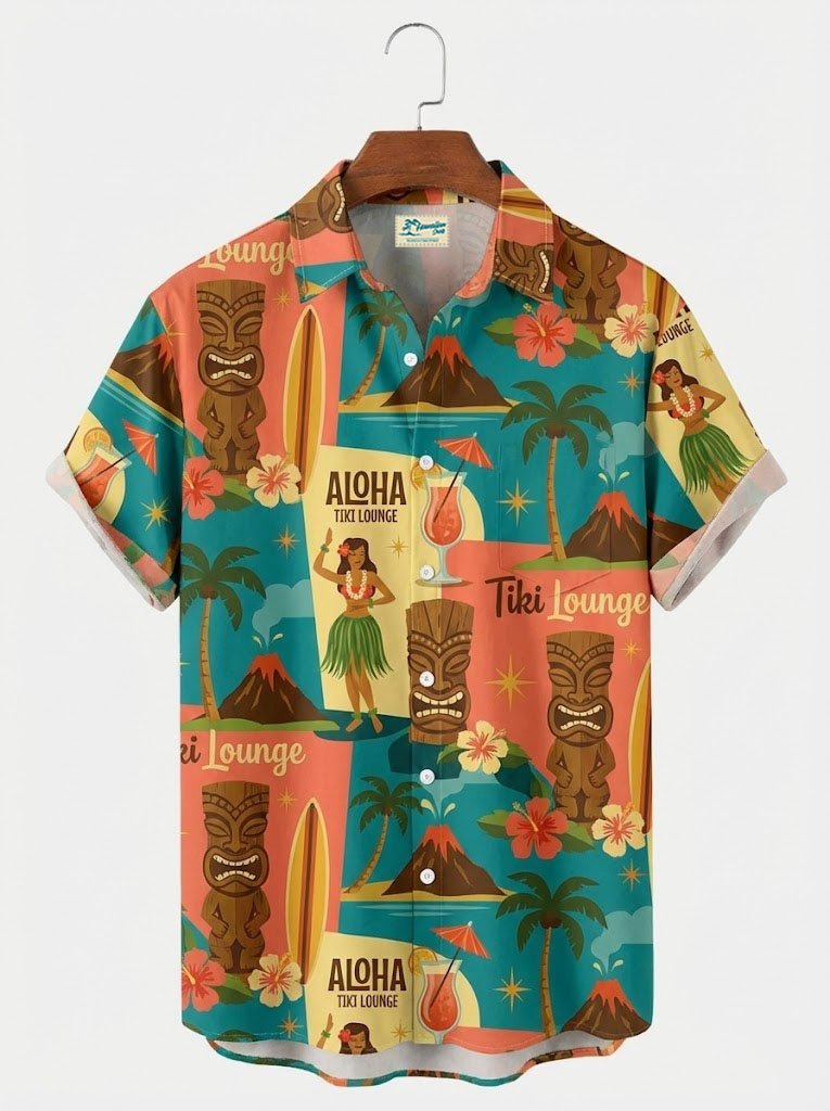 Royaura® Hawaiian Coconut Tree TIKI Hula Dance Print Men's Button-Down ...