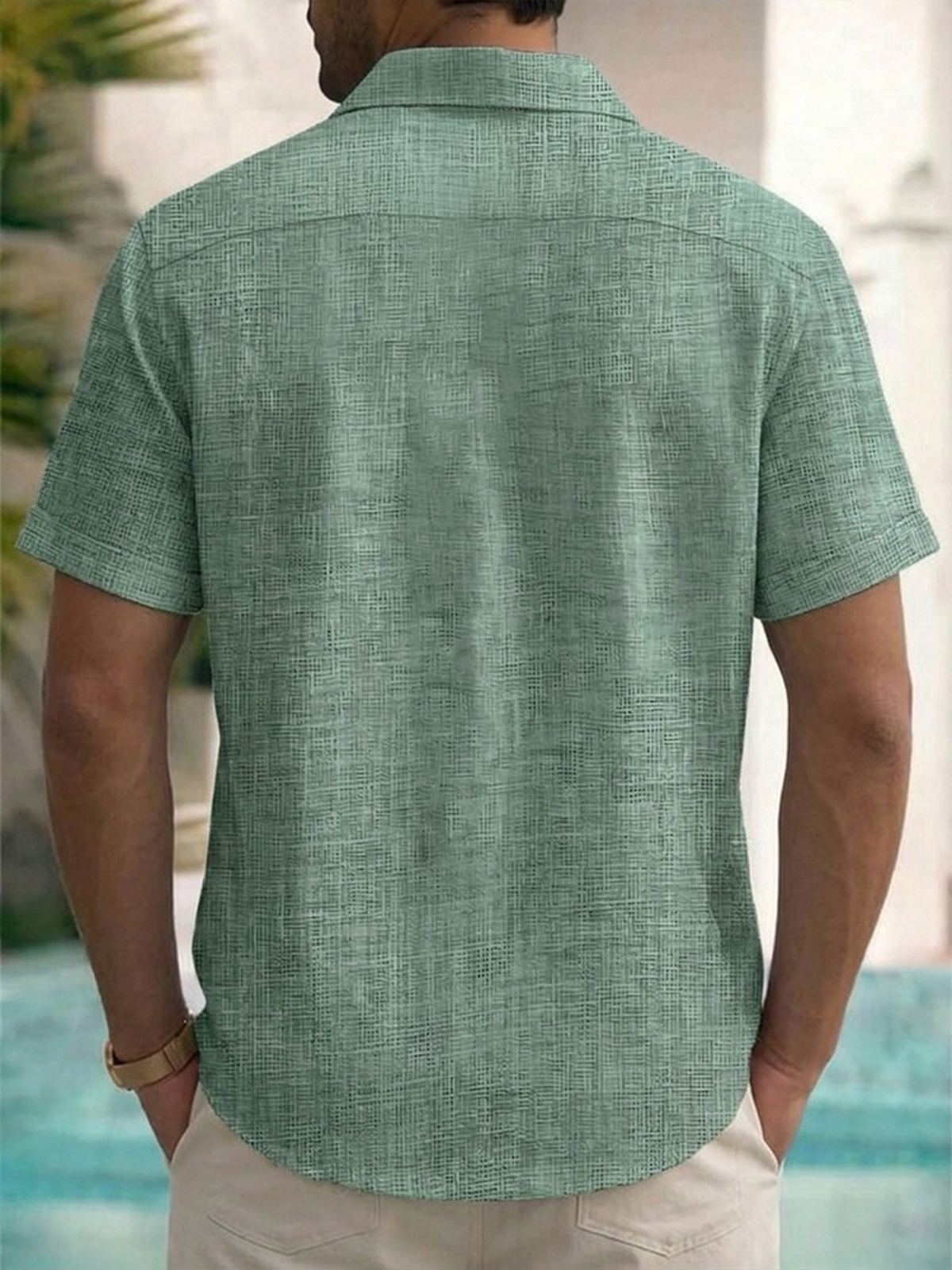Royaura® Men's Retro Textured Solid Green Casual Short Sleeve Button ...