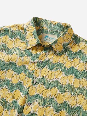 Royaura Cotton Linen Vintage Art Floral Yellow Men's Hawaiian Shirts ...