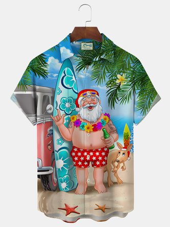 Royaura Hawaiian Santa Surf Print Men's Button Down Pocket Short Sleeve ...
