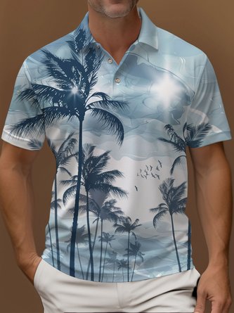 Royaura Hawaii Coconut Tree Print Men's Button-Down Polo Shirt | royaura