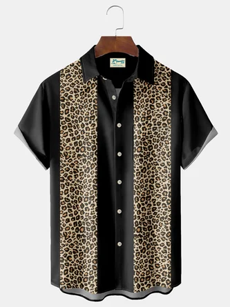Royaura® Vintage Bowling Leopard Print Men's Chest Pocket Stretch Shirt ...
