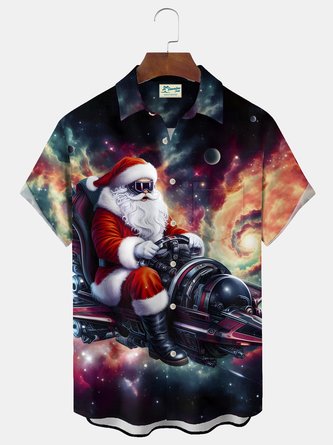 Royaura® Christmas Men's Spaceship Santa Print Chest Pocket Stretch ...