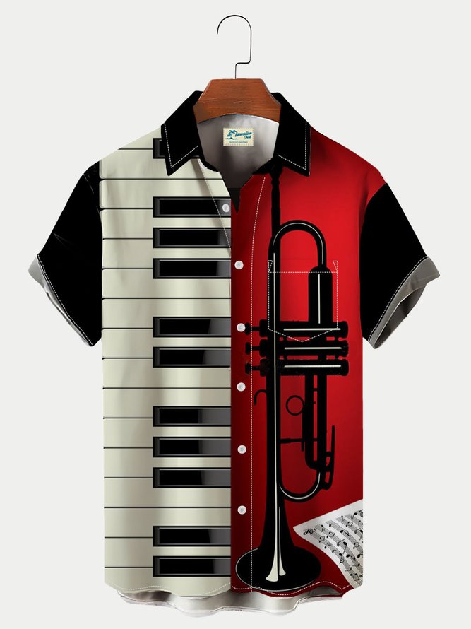 Men's Vintage Trumpet Musical Instrument Print Short Sleeve Hawaiian ...