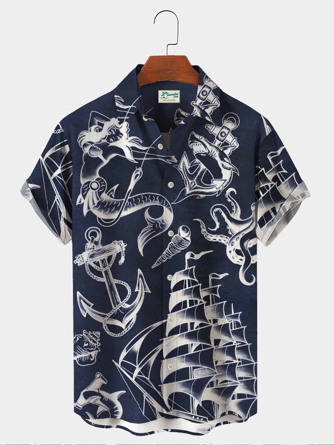 Royaura Men's Vintage Hawaiian Shirts Nautical Mermaid Boat Seersucker ...